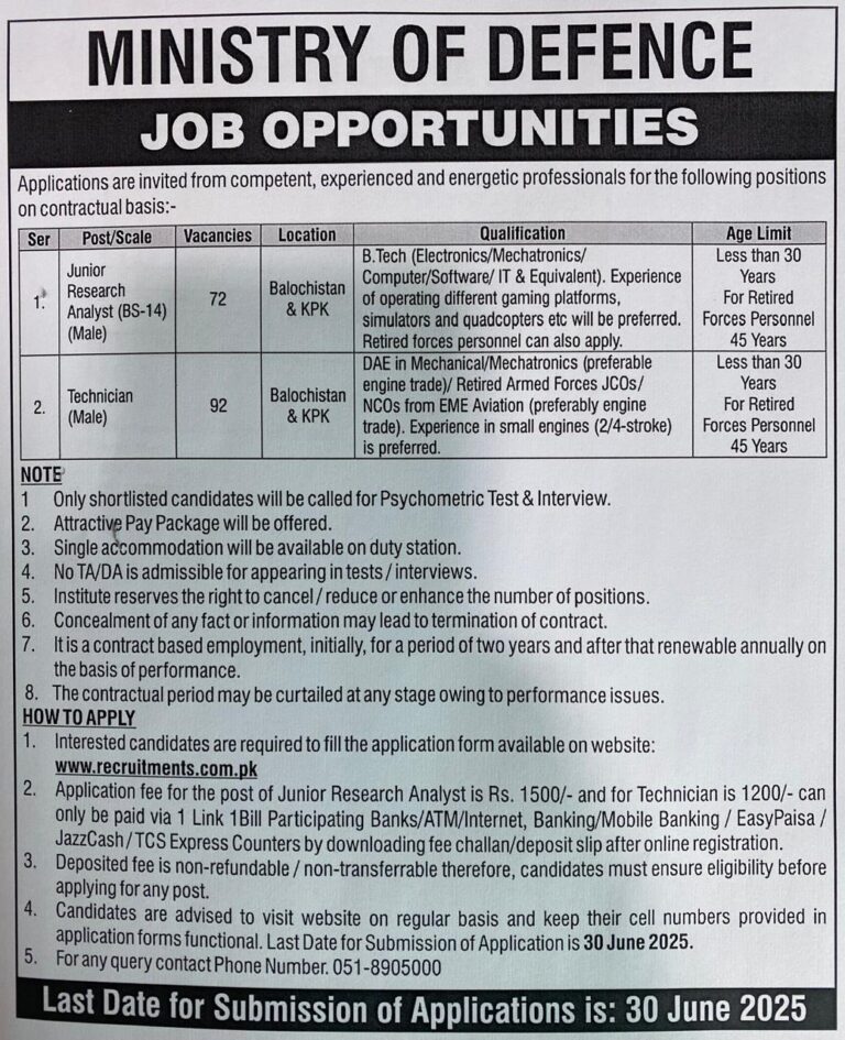 Ministry of Defence recruitments.com.pk Jobs 2025 - Jobs Pk-Today Govt Jobs